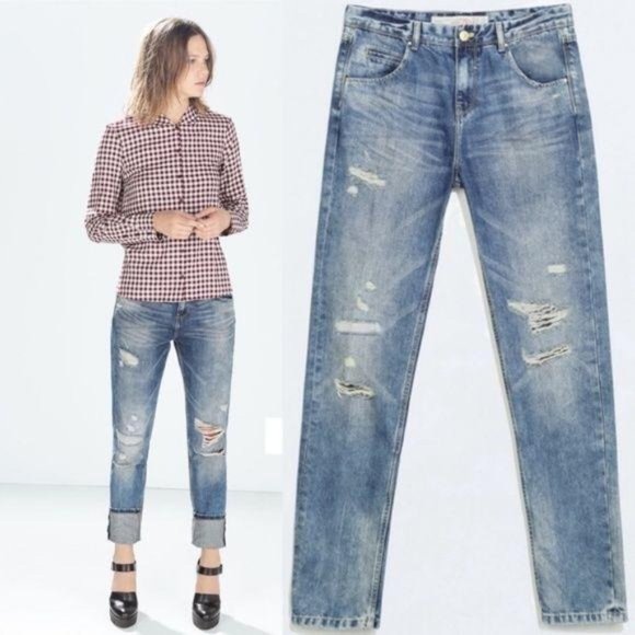 Zara | Jeans | Zara Boyfriend Distressed Ripped Broken In Rolled | Poshmark